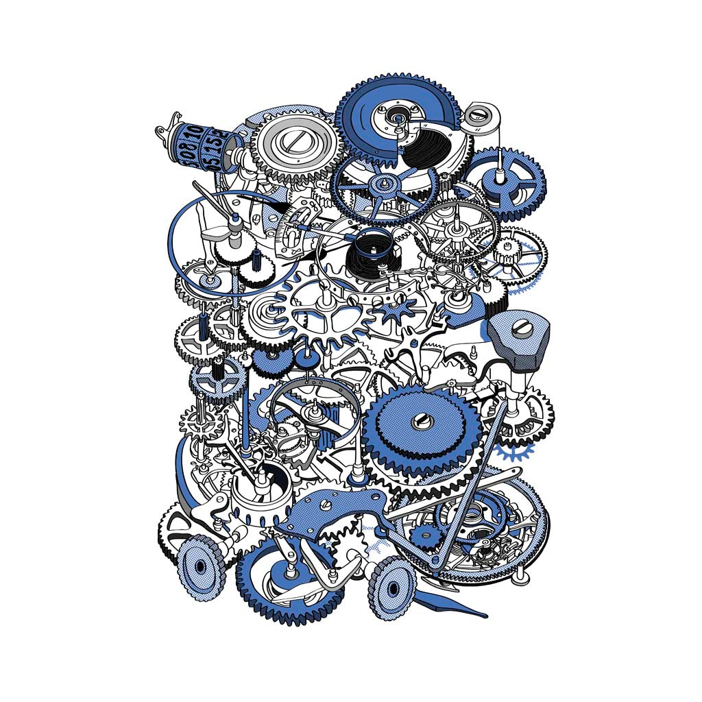 Watch Mechanism Screen Print- Blue by Hugo Yoshikawa - Waterfall Artful ...